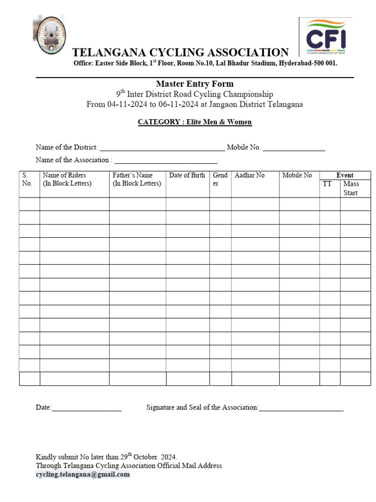 Master Entry Form for 9th Inter District Road Cycling Championship-2024 ...