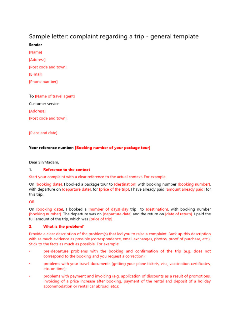 Sample Letter Complaint Regarding A Trip General Template | PDF ...