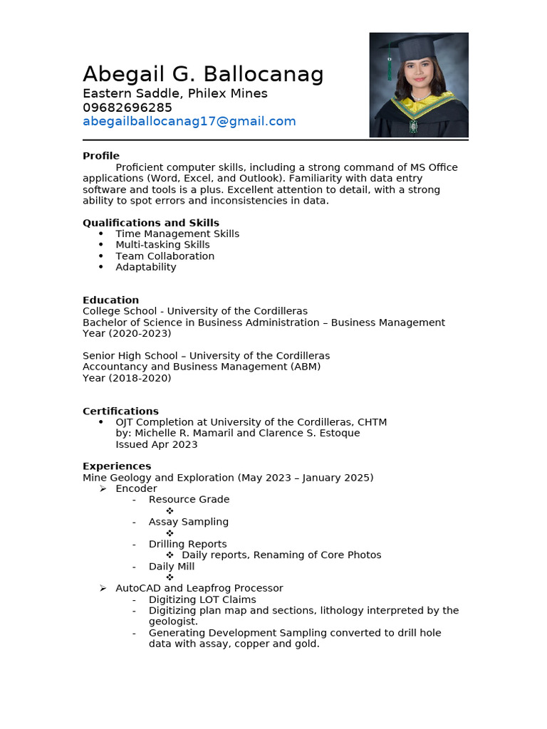 Abegail G. Ballocanag: Eastern Saddle, Philex Mines 09682696285 | PDF