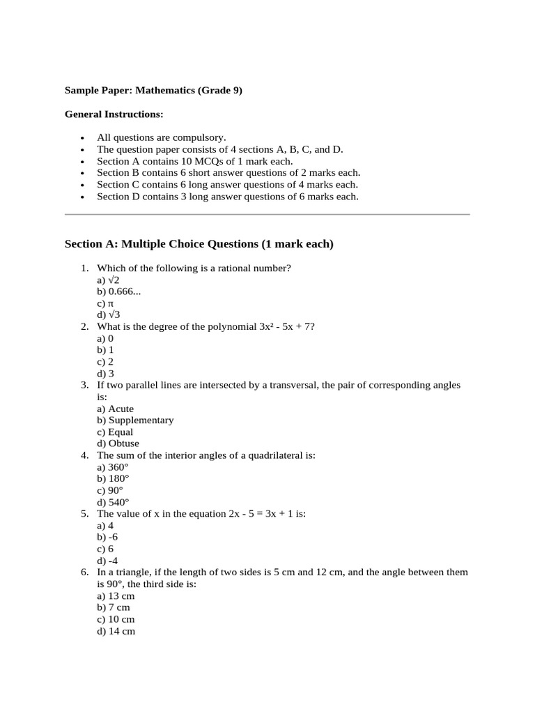 Grade 9 Mathematics Sample Paper | PDF | Area | Angle