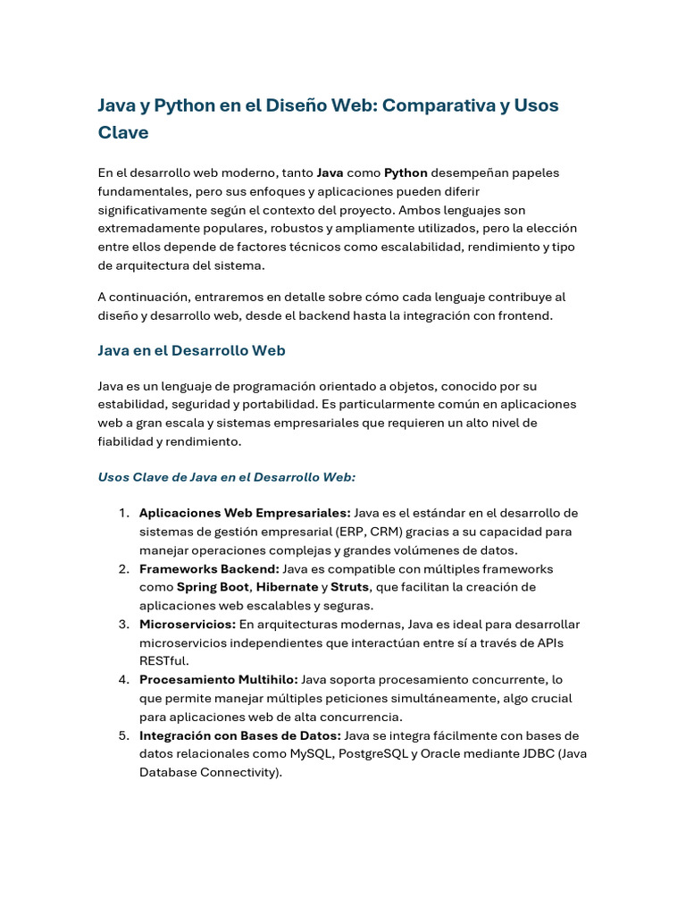Java vs Python en Desarrollo Web | PDF | Desarrollo web | Java (lenguaje de programación)