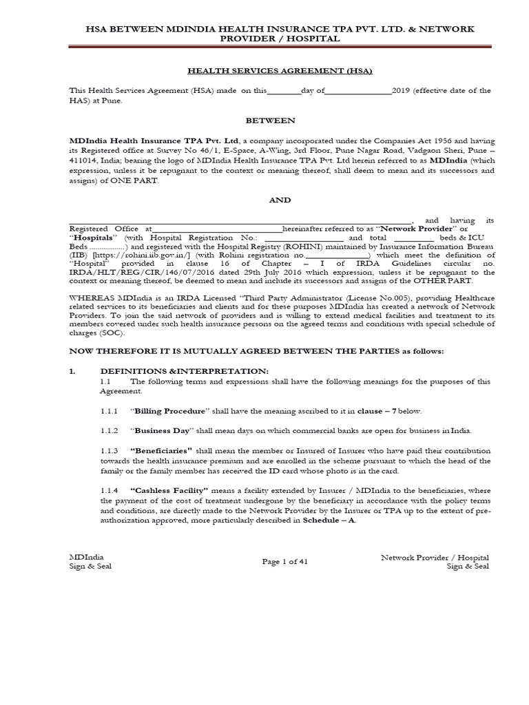 HSA Between TPA & Hospital | PDF | Insurance | Medicine