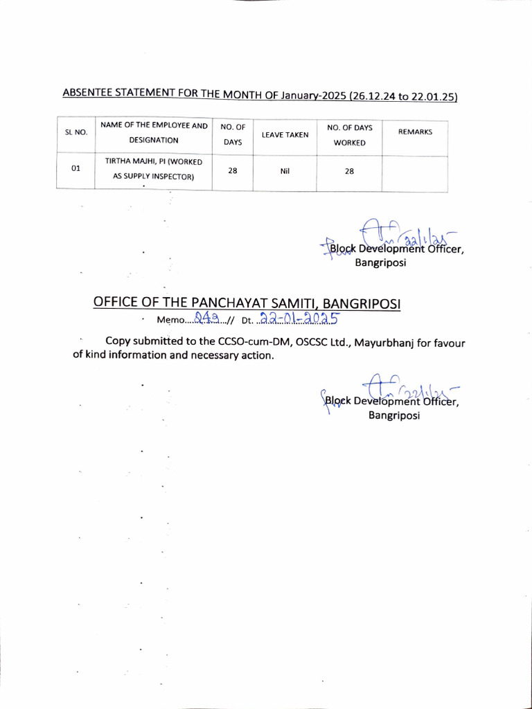Absentee Statement For Mar 2025 | PDF