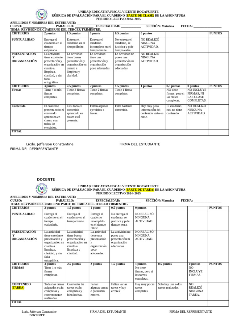 2do Rubrica de Cuaderno (Clase y Tareas) | PDF
