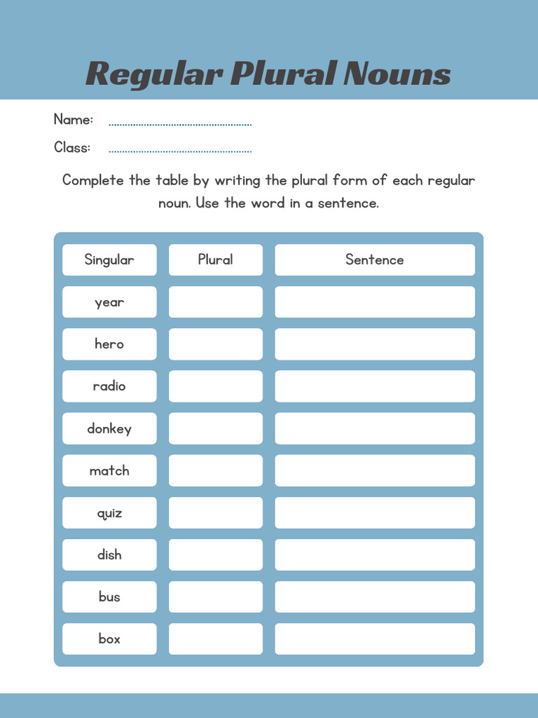 Light Blue and White Clean English Regular Plural Nouns Worksheet | PDF
