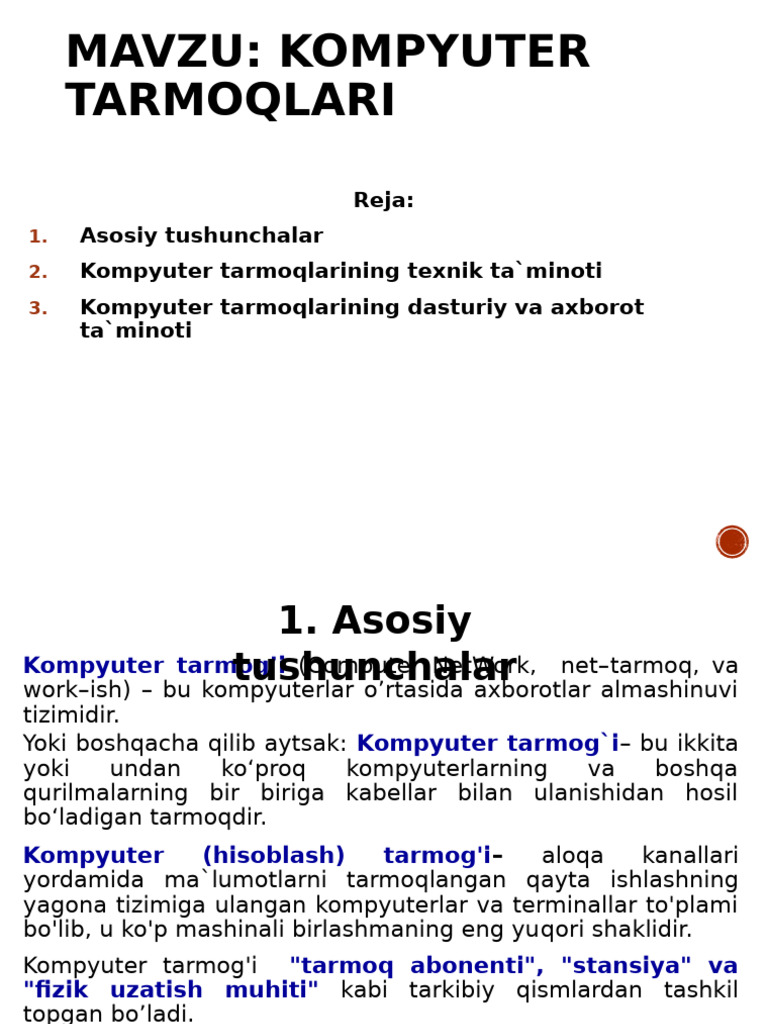 1 2 Ma'Ruza. Tarmoq Texnologiyalari | PDF