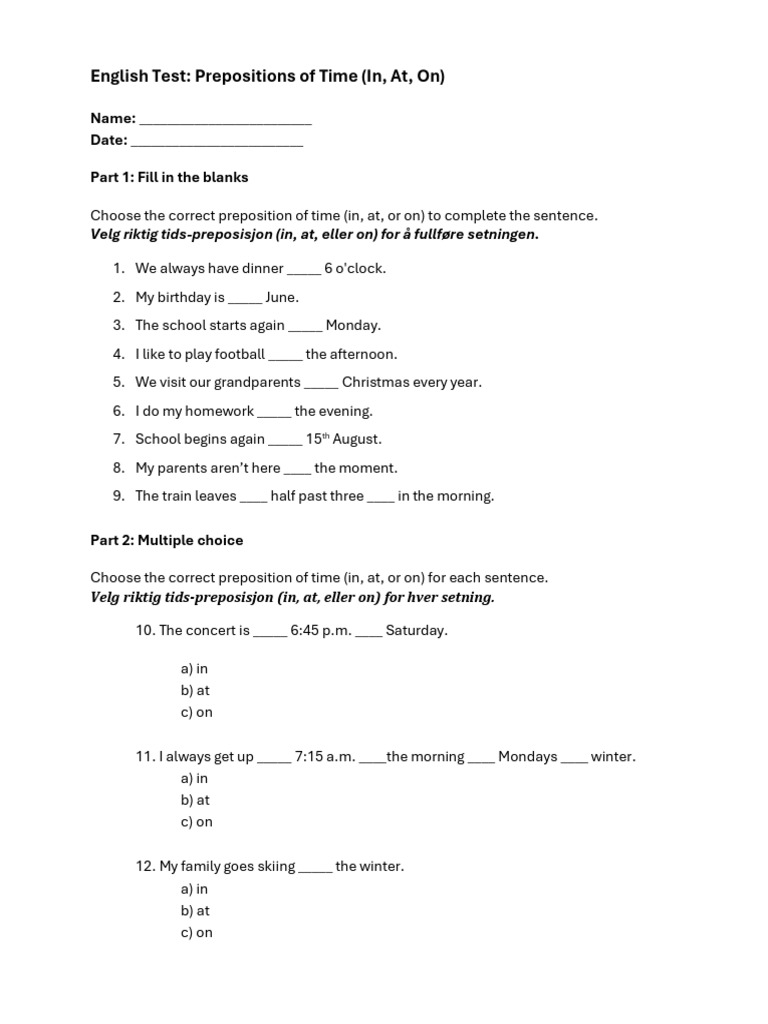 English Test Prepositions of Time (In-2 | PDF