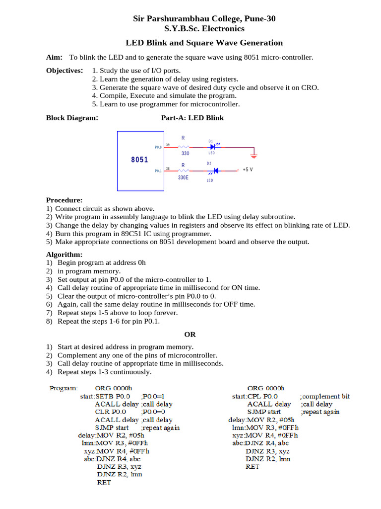 8051-LED Blink and Suqare Wave Generation | PDF | Microcontroller | Computing