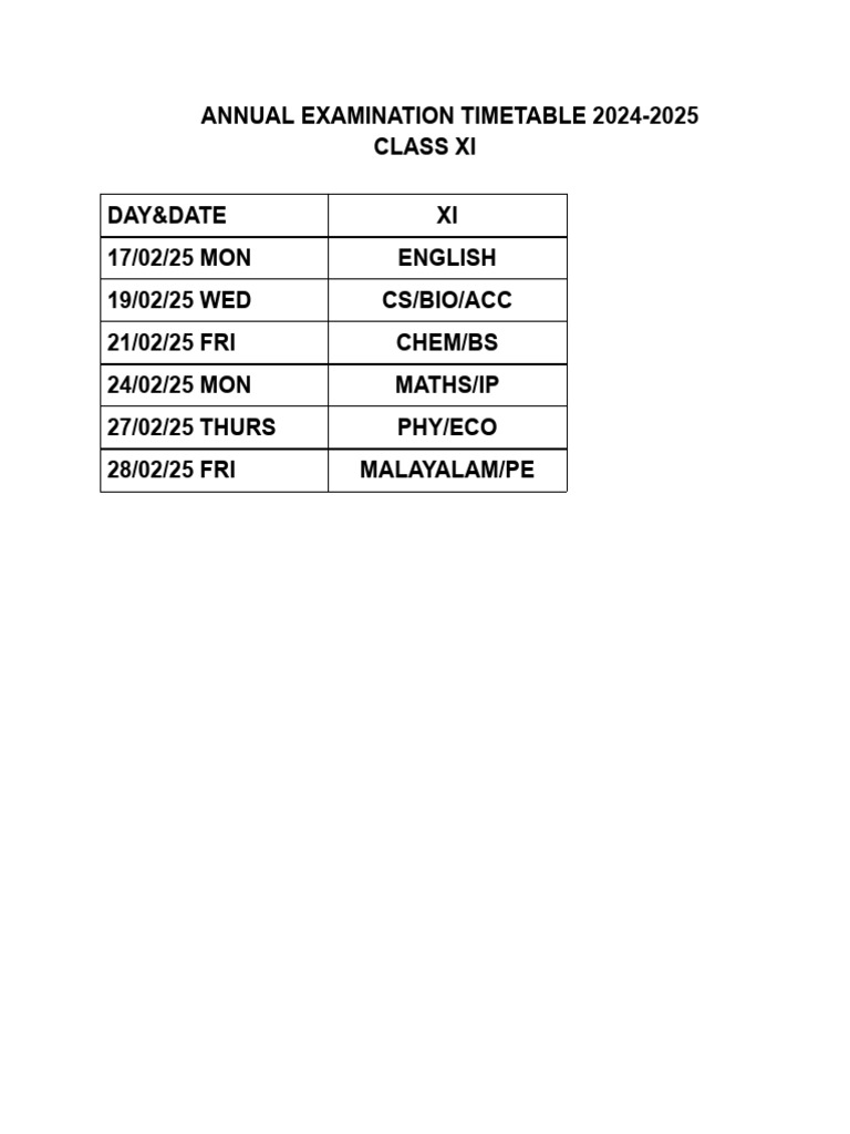 Class XI Annual Exam Timetable 2024-25 | PDF