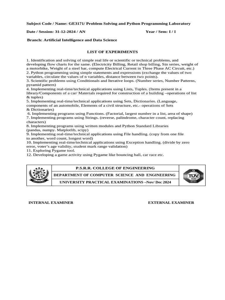 LIST OF EXPERIMENTS | PDF