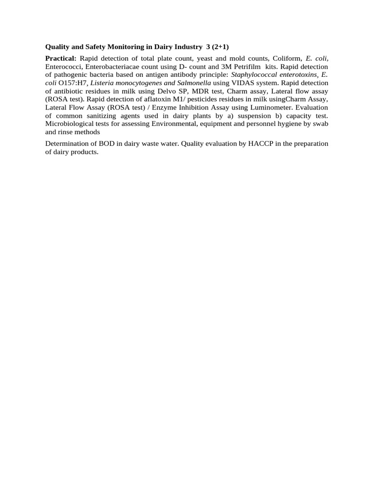 Quality and Safety Monitoring in Dairy Industry 3 (2+1) | PDF
