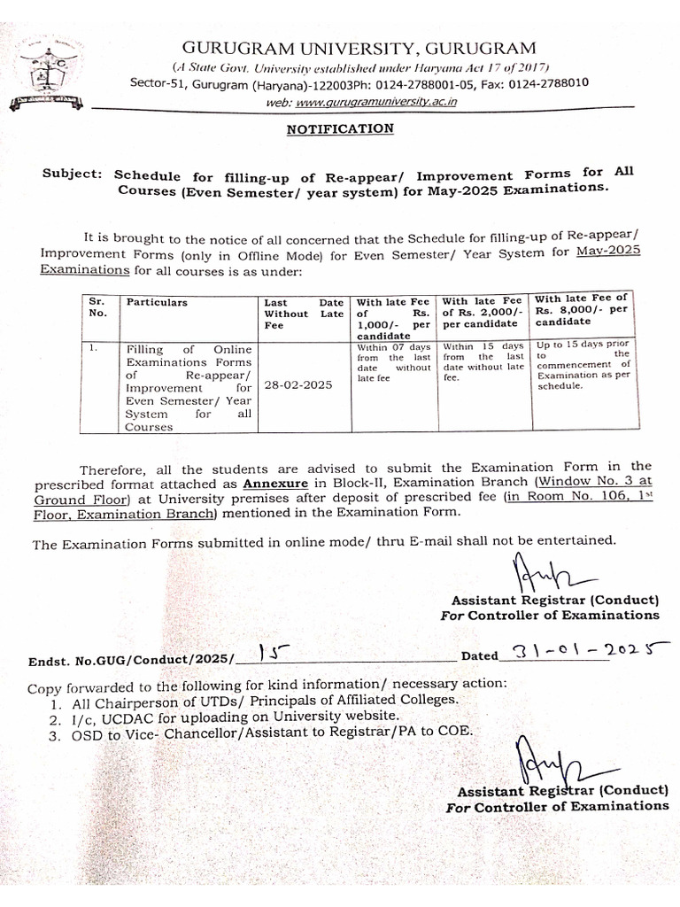 Schedule For Filling-Up of Re-Appear Improvement Forms For All Courses ...
