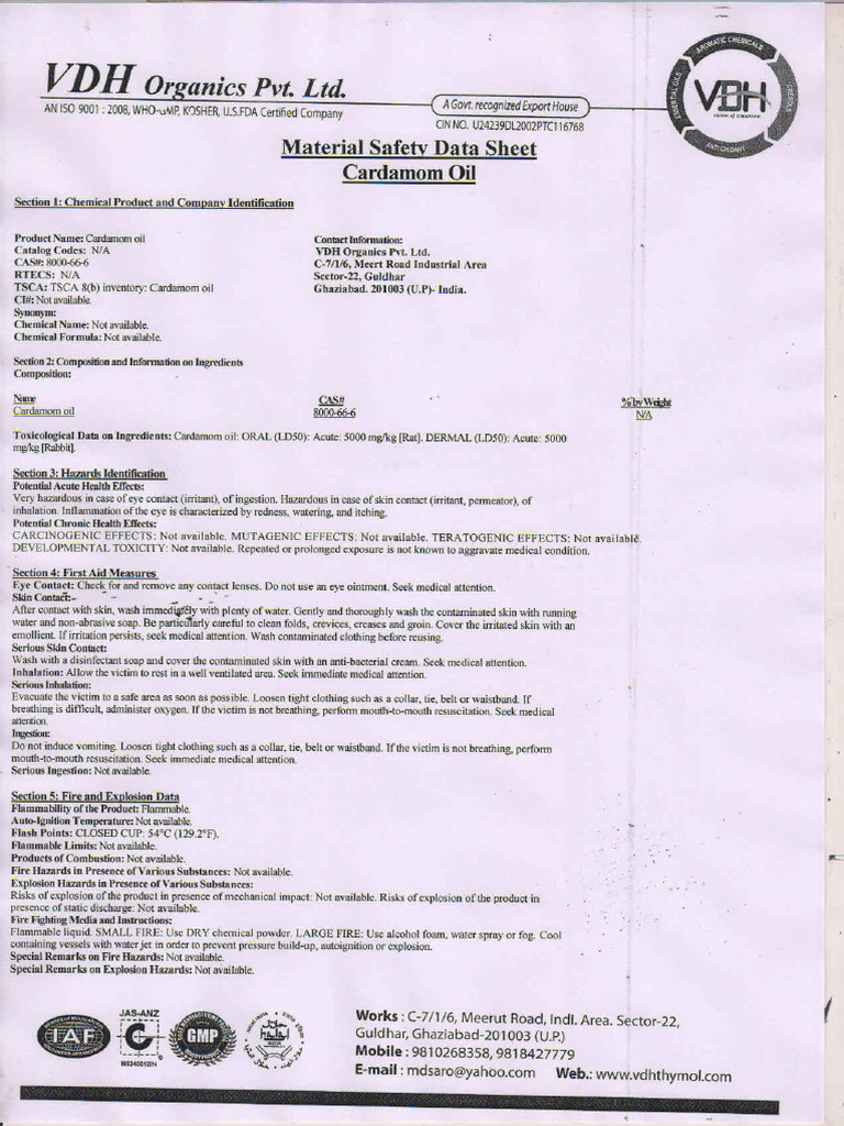 MSDS of Cardamom Oil | PDF