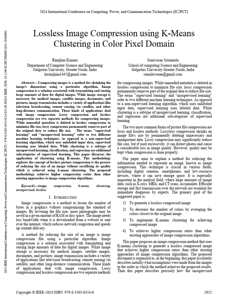 Lossless Image Compression Using K-Means Clustering in Color Pixel Domain | PDF | Data ...