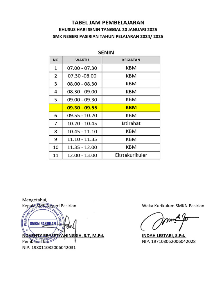 Tabel Jam Pembelajaran-SENIN 20 JANUARI 2025 | PDF