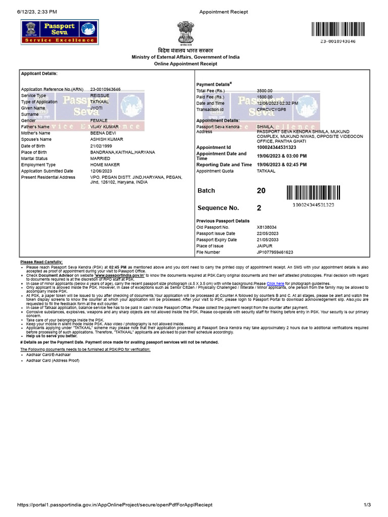 Appointment Reciept JYOTI | PDF | Identity Document | Birth Certificate