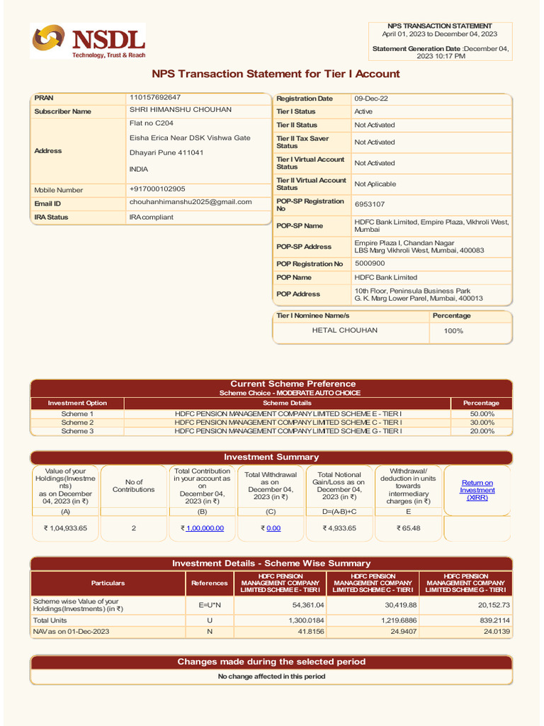 NPS Transaction Statement Summary 2023 | PDF | Pension | Financial Services