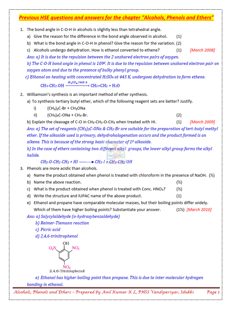 Hsslive-Xii-Chem-7. Alcohols, Phenols and Ethers Qns & Ans | PDF ...