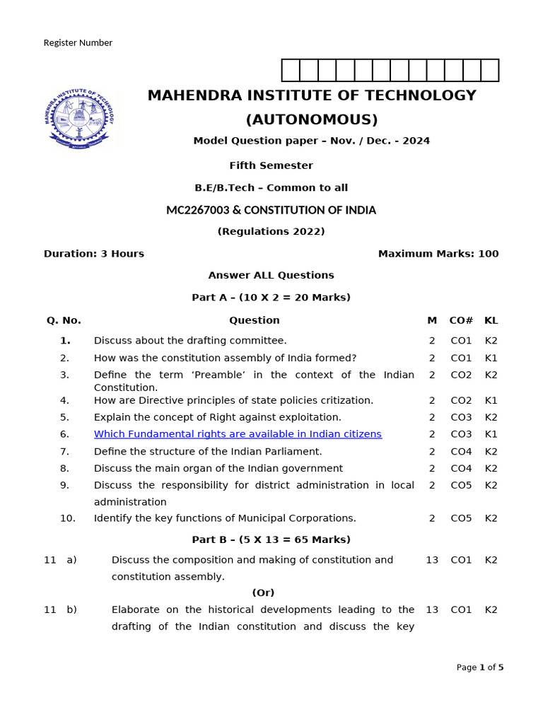 COI Model Question Paper | PDF | Constitution | Citizenship