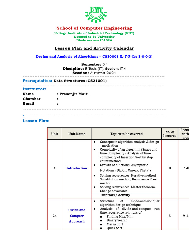 Final - Autumn 2024 CS30001 DAA Theory Complete Lesson Plan | PDF | Dynamic Programming ...