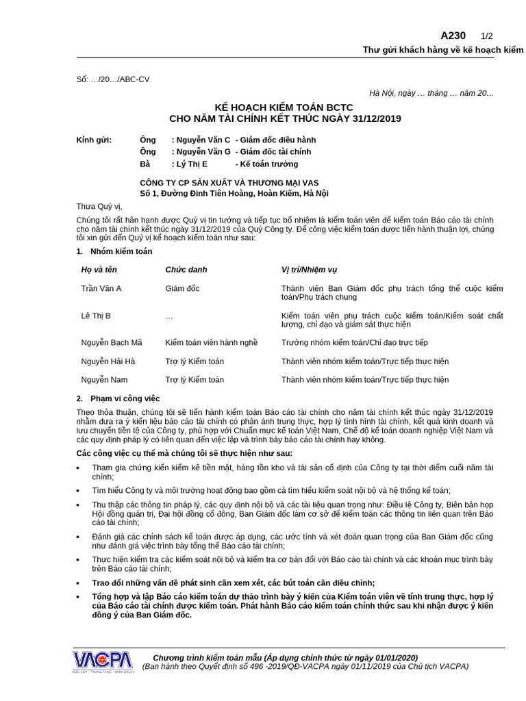 A230 - Thu Gui KH Ve Ke Hoach Kiem Toan | PDF