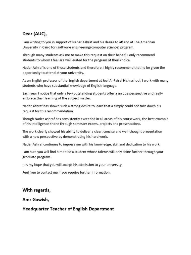 Recommendation Letter English Sample | PDF