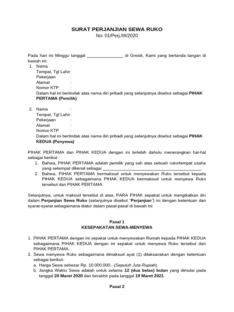 Surat Perjanjian Sewa - Ruko | PDF