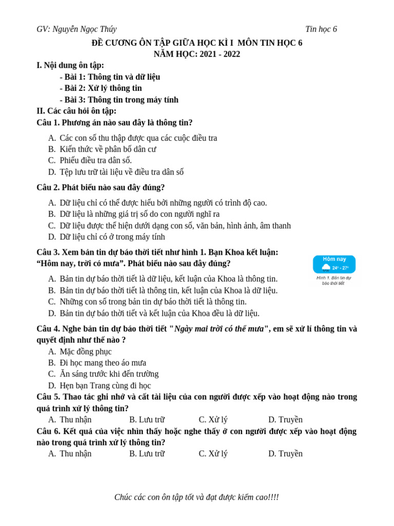 TIN HỌC 6 - ĐỀ CƯƠNG ỔN TẬP GHKI | PDF