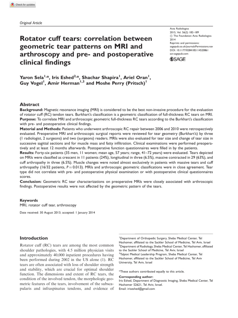 Sela Et Al 2015 Rotator Cuff Tears Correlation Between Geometric Tear ...
