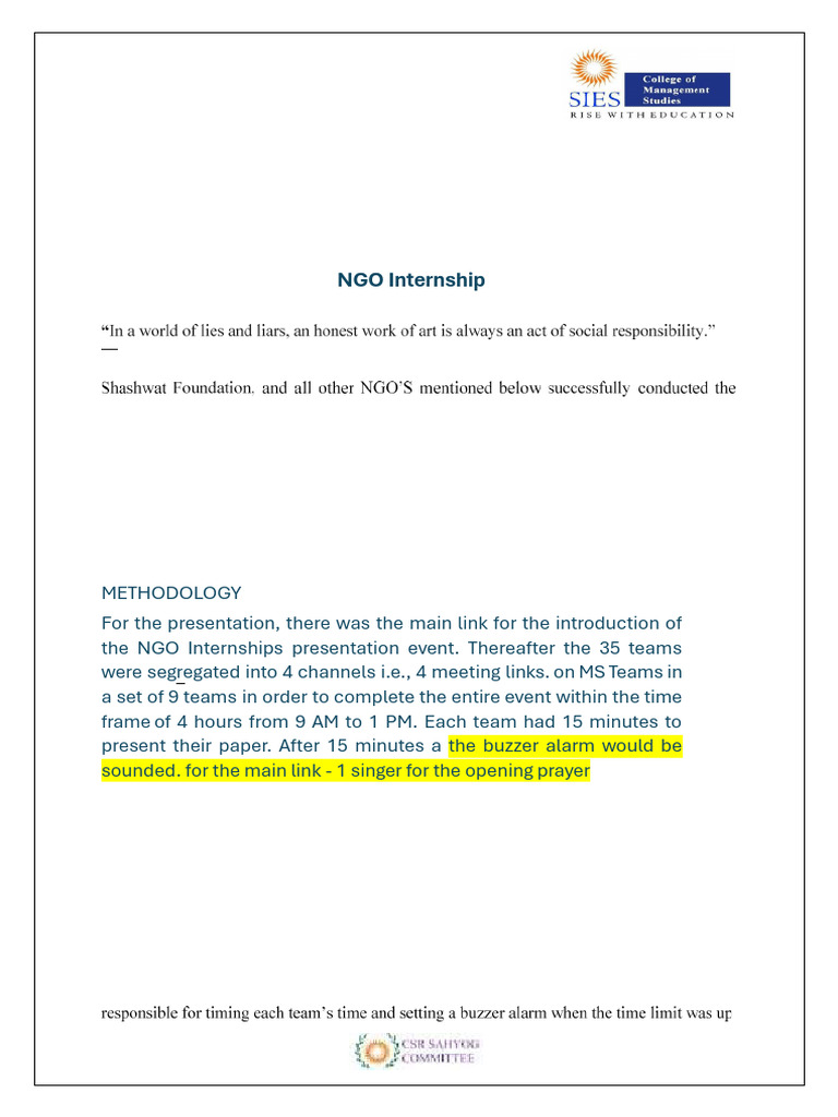 NGO Internship- 2022 | PDF