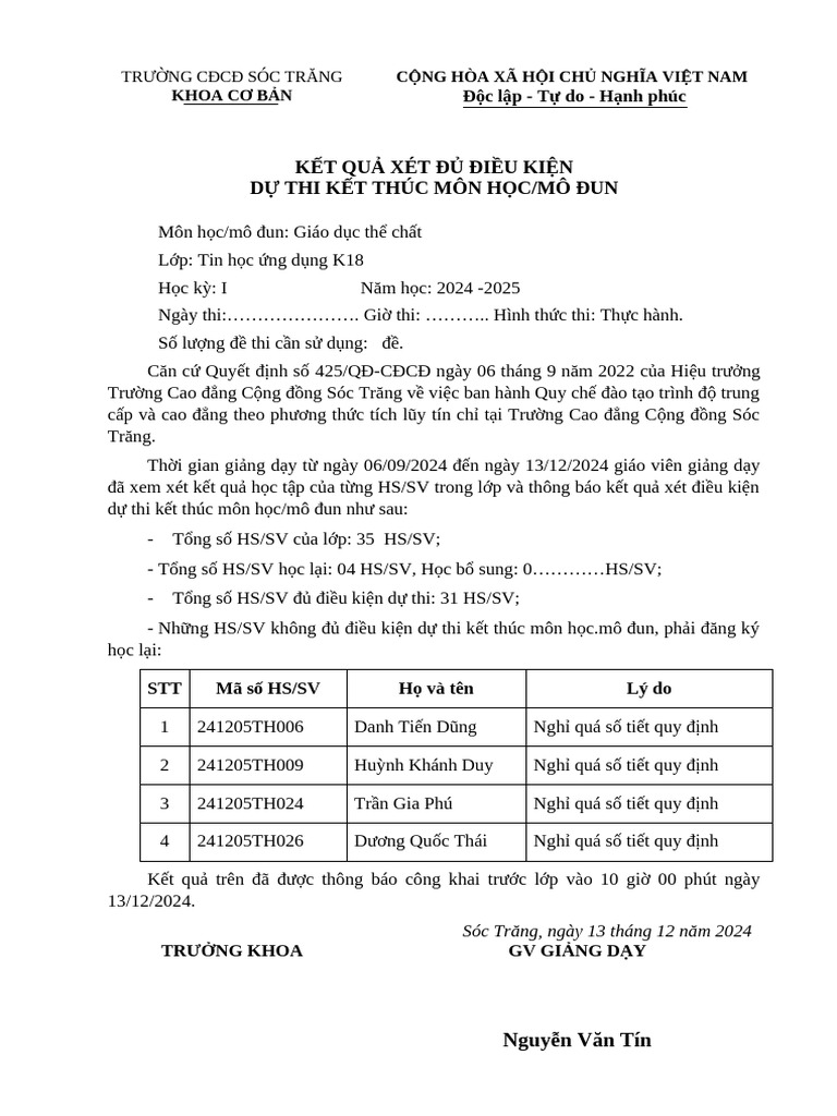 MẪU XÉT ĐIỀU KIỆN DỰ THI - Tin học k18 | PDF