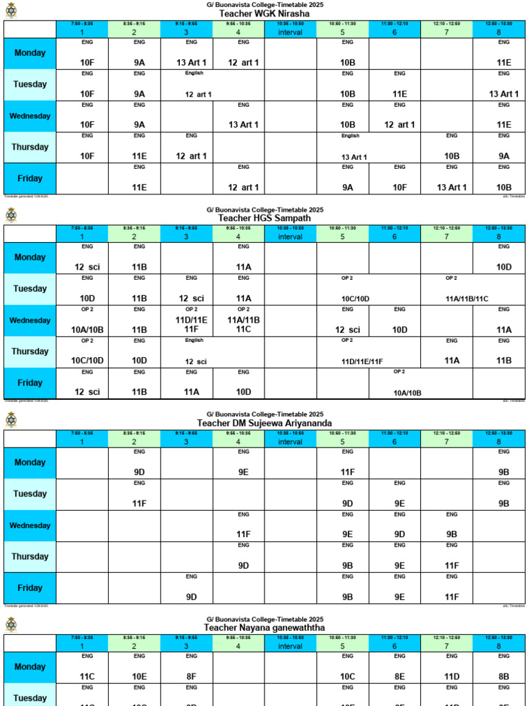 Buonavista College 2025 Timetable | PDF