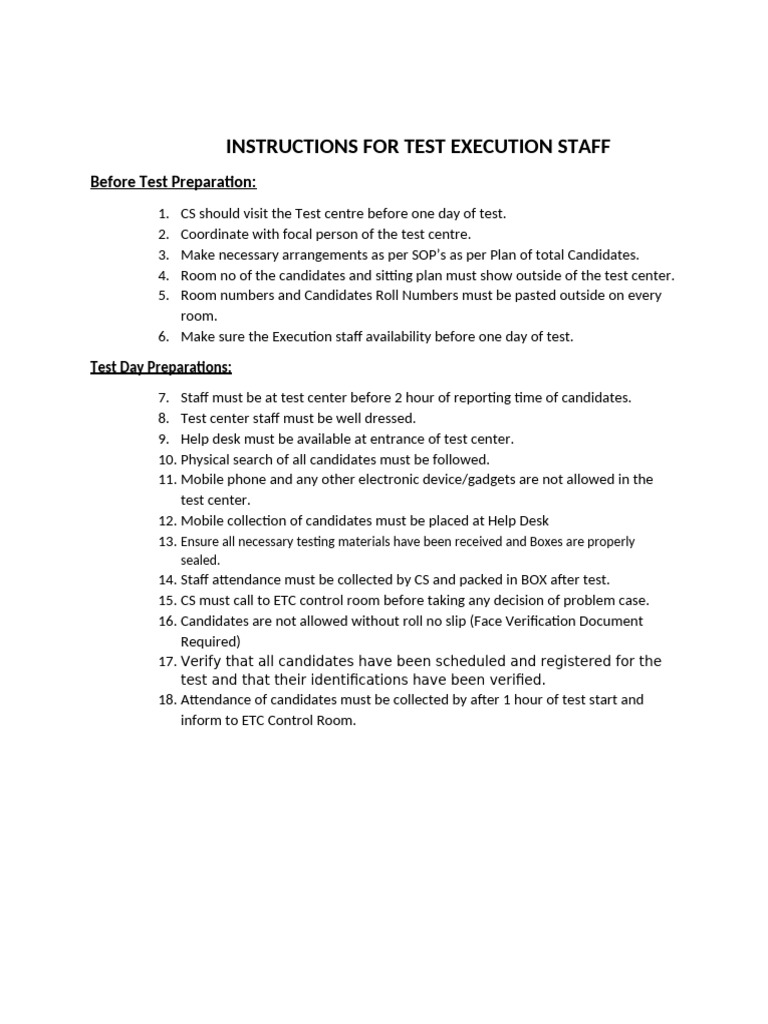 Instructions For Test Execution Staff | PDF