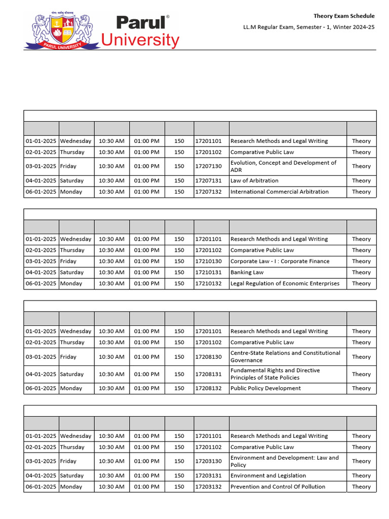 Theory Exam Schedule LL M Regular Exam Semester 1 Winter 2024 25 | PDF ...