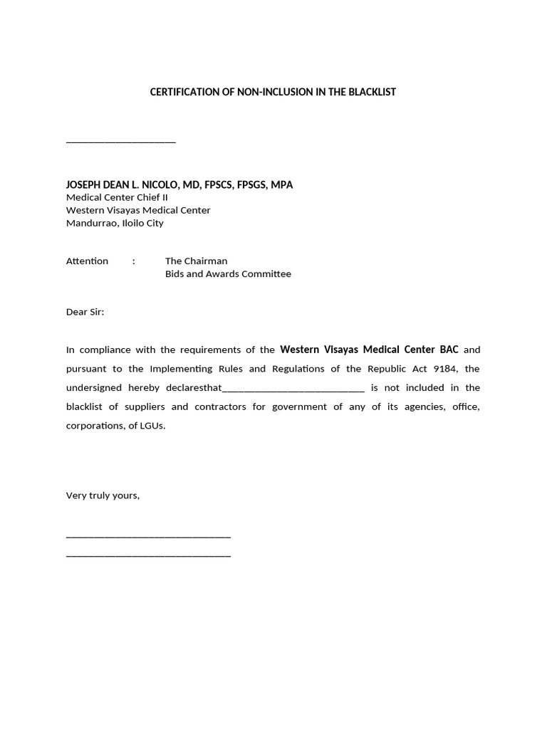 Certificate of Non Inclusion in The Blacklist | PDF