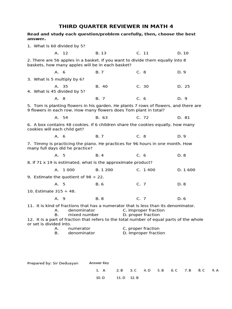 Third Quarter Reviewer in Math 4 | PDF