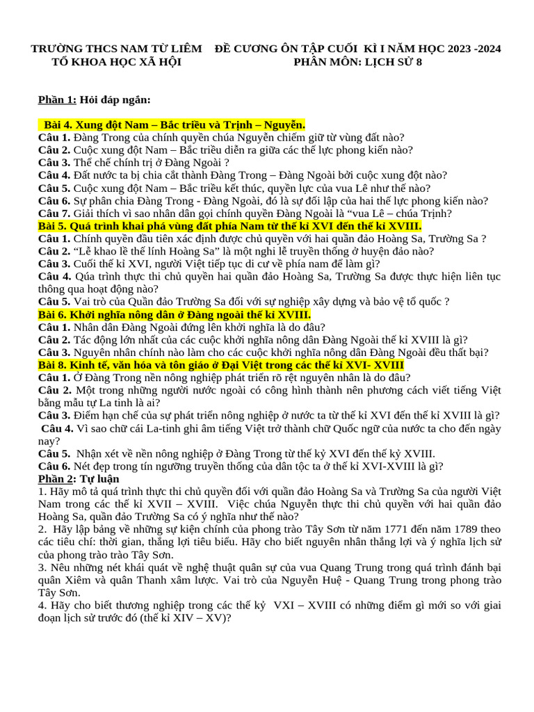 SU 8 Đe Cuong HKI.S 8.NH 23-24 | PDF