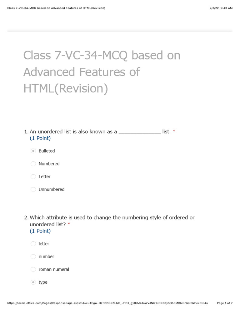 Class 7-VC-34-MCQ Based On Advanced Features of HTML (Revision) | PDF | Html Element | Hyperlink
