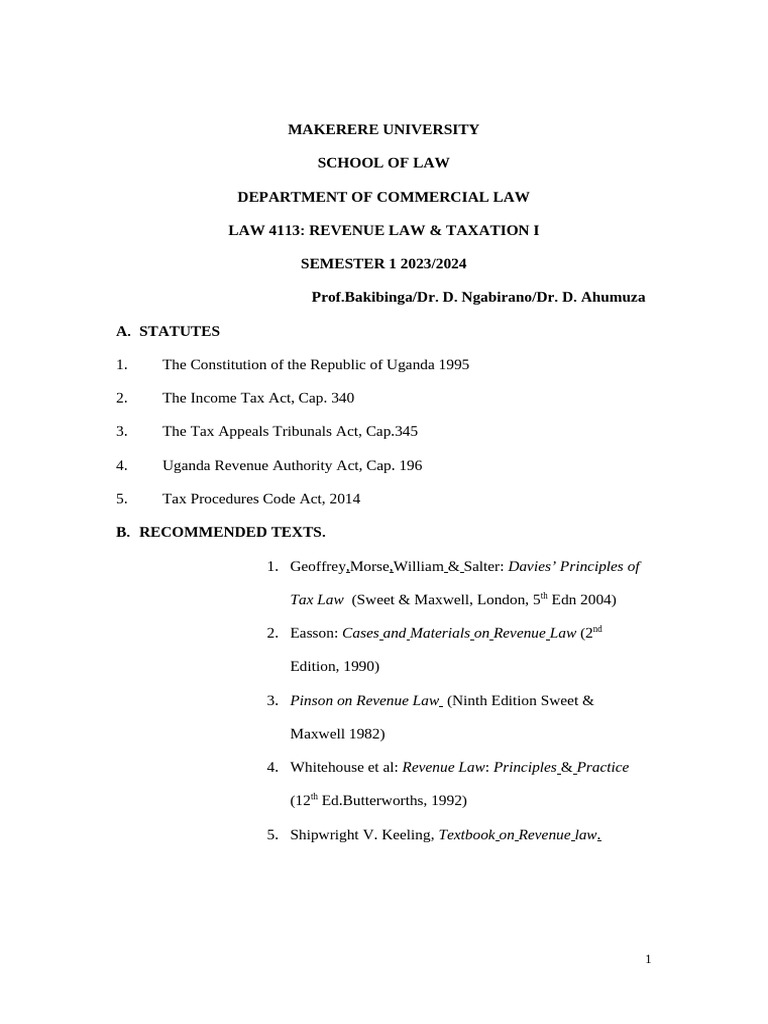 Makerere Revenue Law Course Guide | PDF | Dividend | Taxes