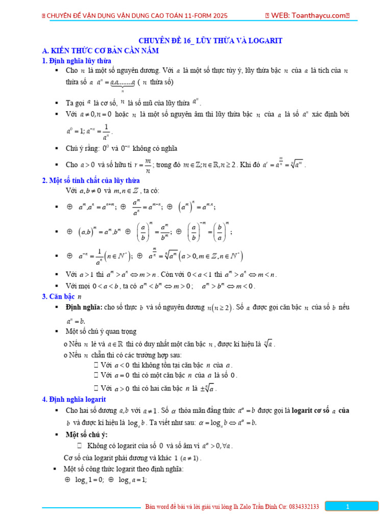 (VD - VDC - TOAN 11-FORM 2025) - Chuyên Đề 16 - Luỹ Thừa Và Looga - Đề Bài | PDF