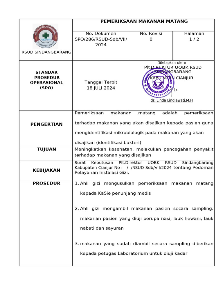 Pemeriksaan Makanan Matang RSUD Sindangbarang | PDF