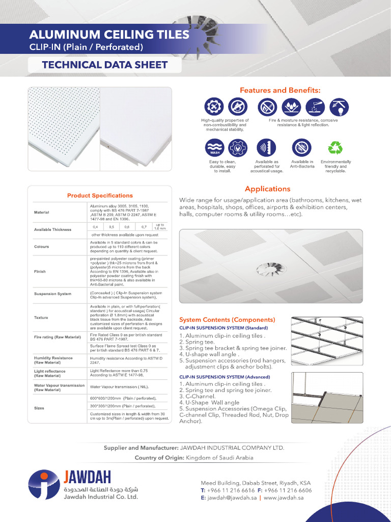 JAWDAH-TDS-Aluminum Ceiling Tiles (Clip-In) (Plain-Perforated) | PDF