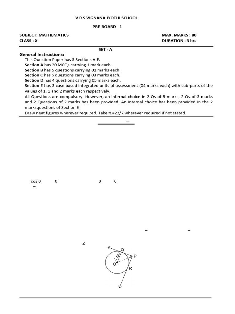 Pre Board - 1 Math Paper Set-A | PDF | Area | Circle