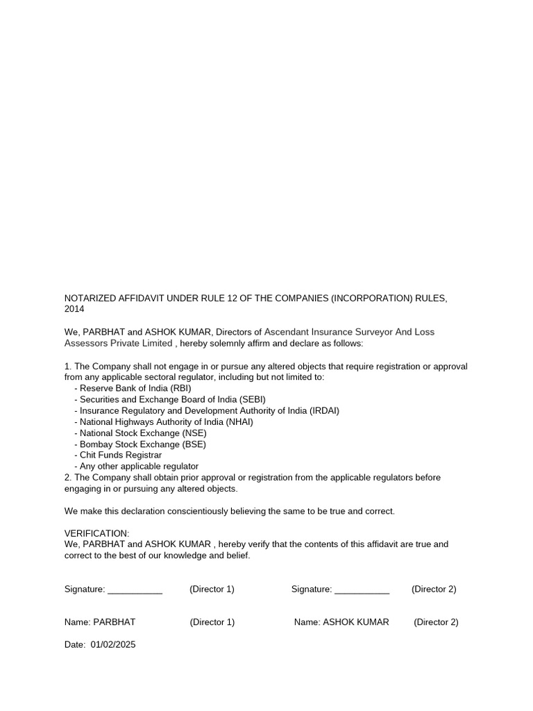 Notarized Affidavit Under Rule 12 of The Companies (Incorporation ...