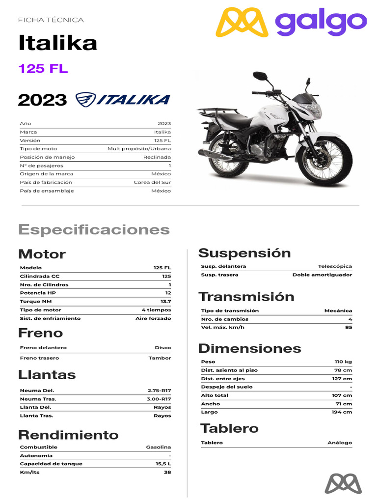 Ficha Técnica Moto Italika FL 125 | PDF