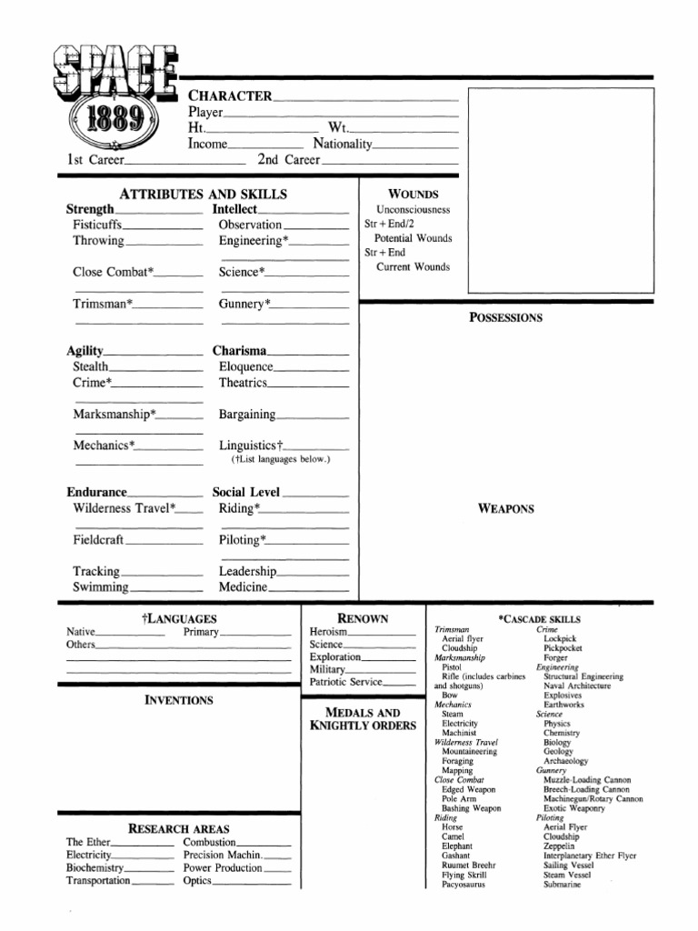 Space 1889 Character Sheet | PDF