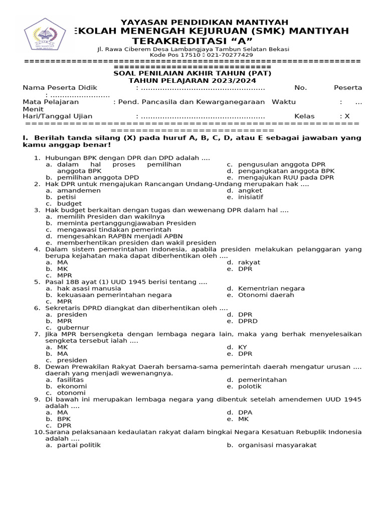 PAT PPKn Kls X Smstr 2. 2023-2024 | PDF