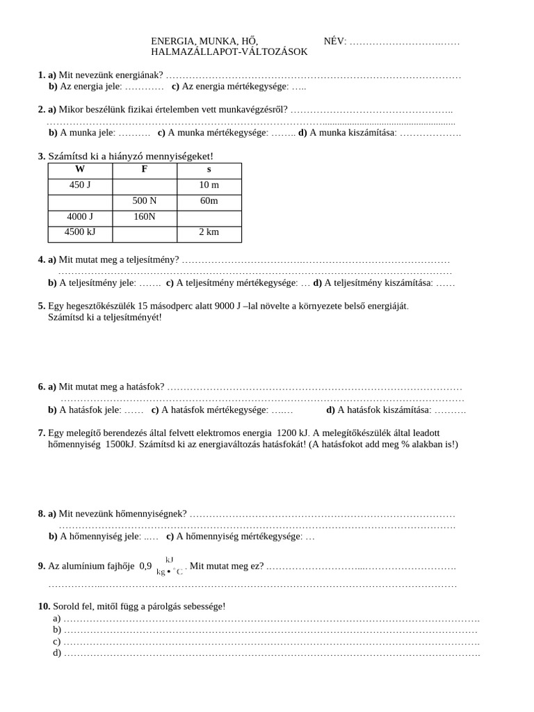 ENERGIA, Munka, Hő, 8 Oszt DOLGOZAT | PDF
