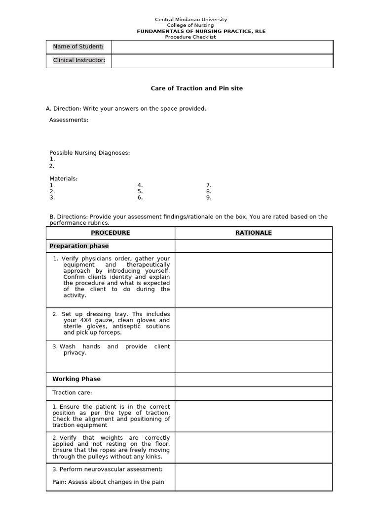 Traction and Pin Site Care Checklist | PDF | Paresthesia | Medical ...