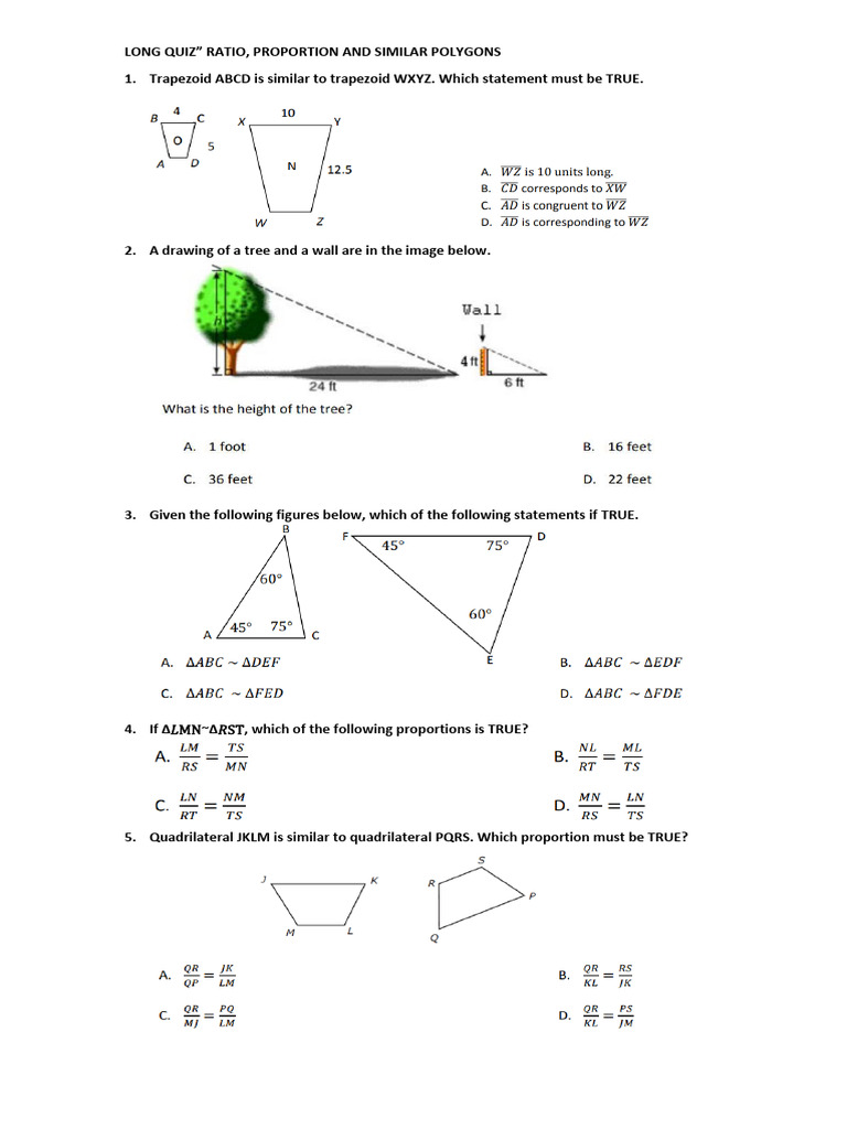 Long Quiz - Ratio Proportion and Similar Polygons | PDF | Elementary ...